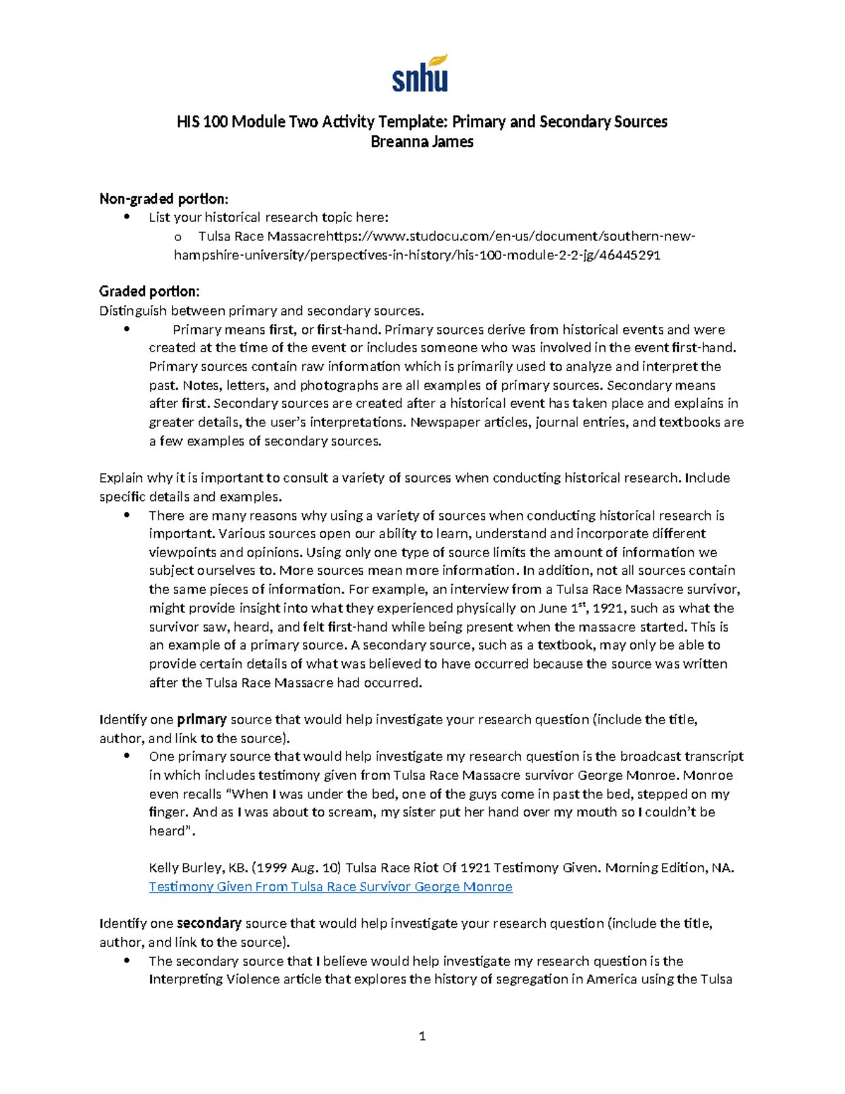 Mod2Primary&secondary Sources Activity - HIS 100 Module Two Activity ...