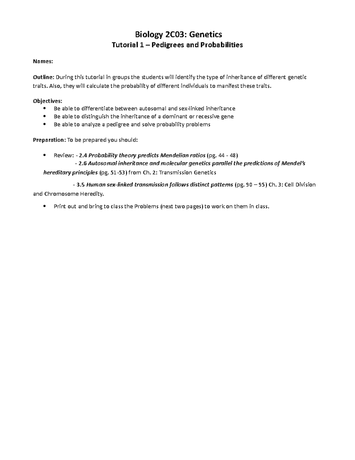 Tutorial 1 Pedigrees and Probabilities - Biology 2C03: Genetics ...