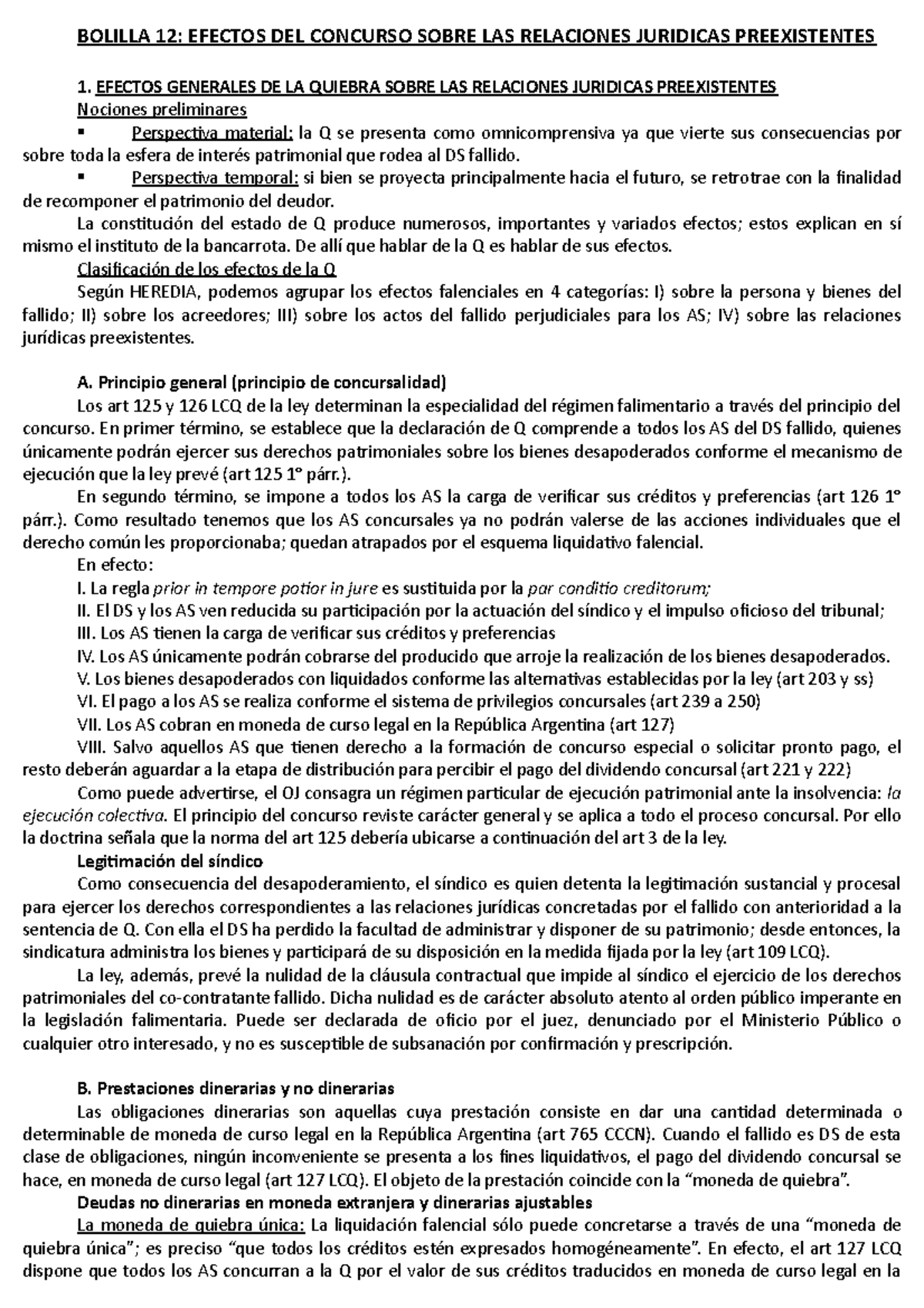 Bolilla 12 - Resumen Derecho concursal y cambiario - BOLILLA 12: EFECTOS DEL CONCURSO SOBRE LAS ...