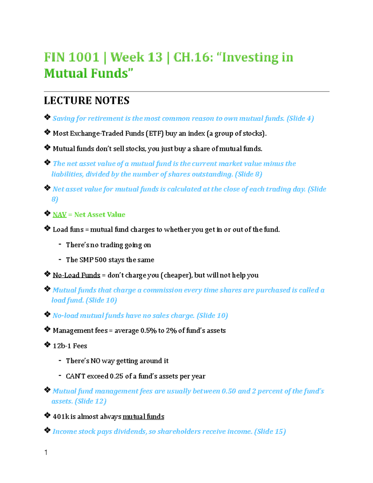 FIN 1001 - CH.16 Notes - "Investing in Mutual Funds" - FIN 1001 Week 13 ...