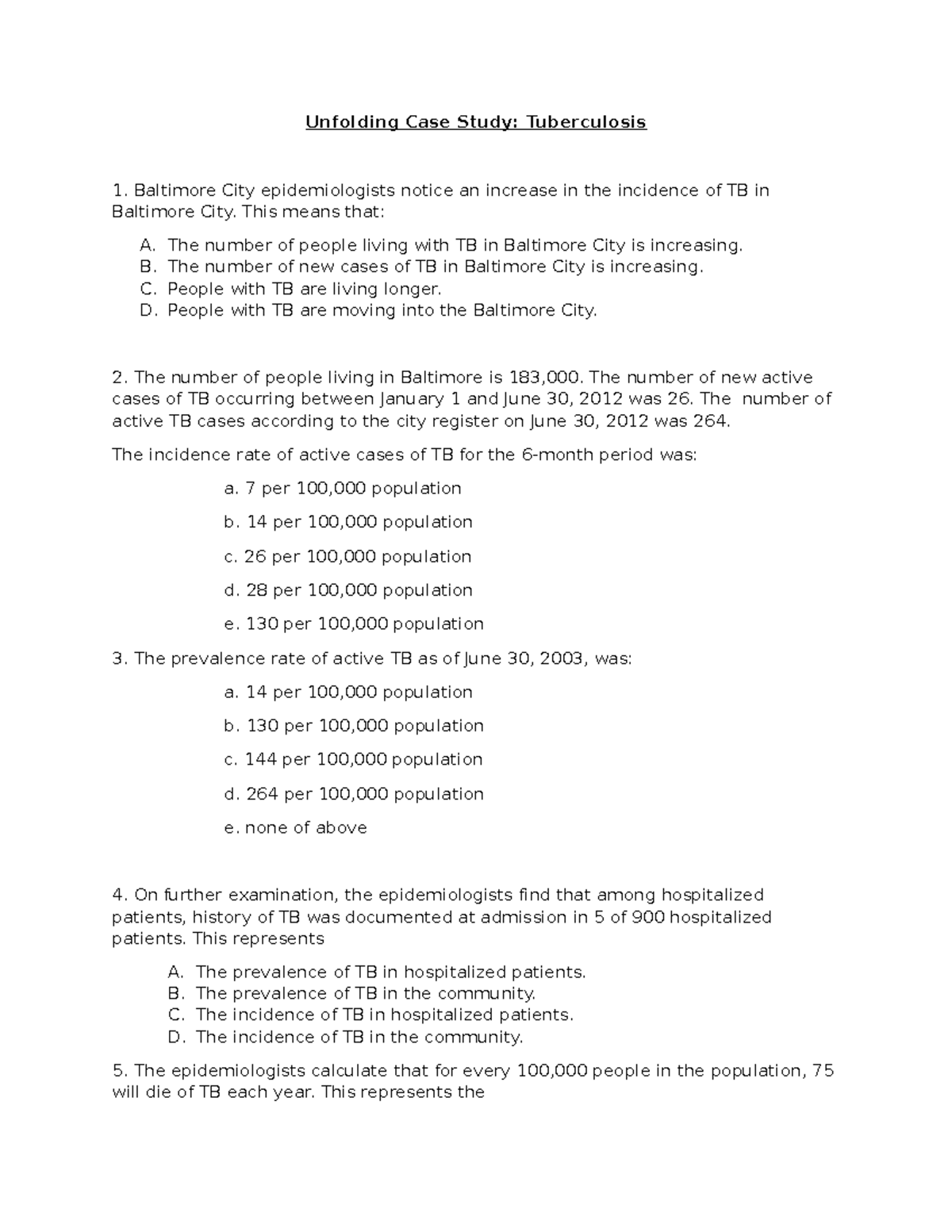 Epidemiology Case Study - Unfolding Case Study: Tuberculosis Baltimore ...