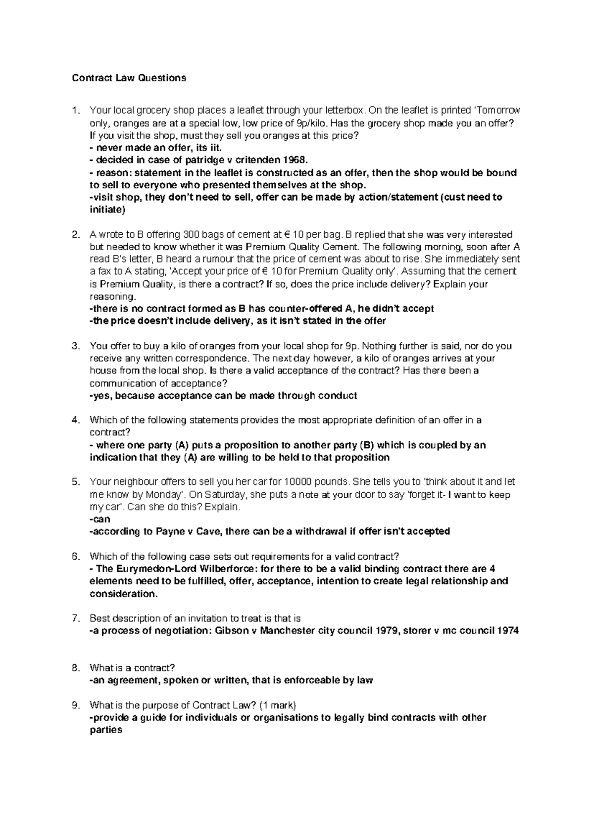 Contract tutorial questions- pdf - Contract Law Questions Your local grocery shop places a ...