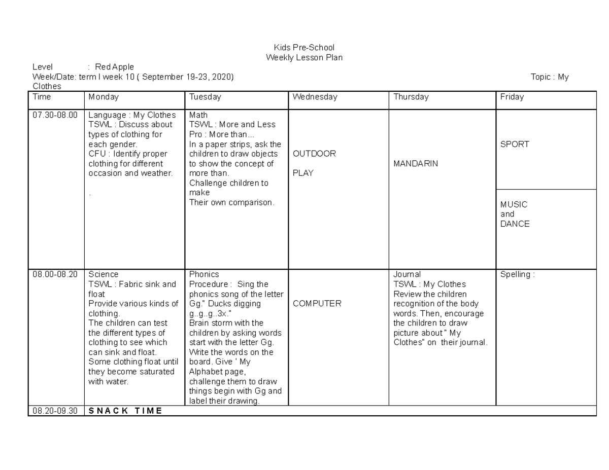 Weeky Lesson Plan Semester 1 Part 2 - Kids Pre-School Weekly Lesson ...