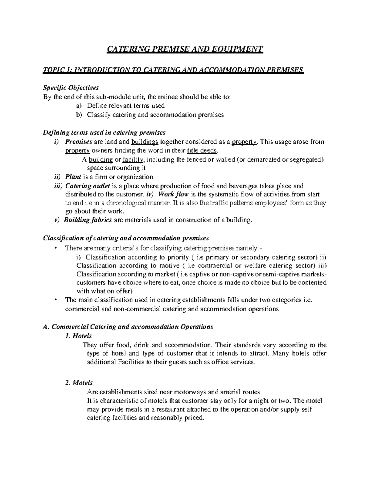 Catering Premise AND Equipment notes - CATERING PREMISE AND EQUIPMENT ...