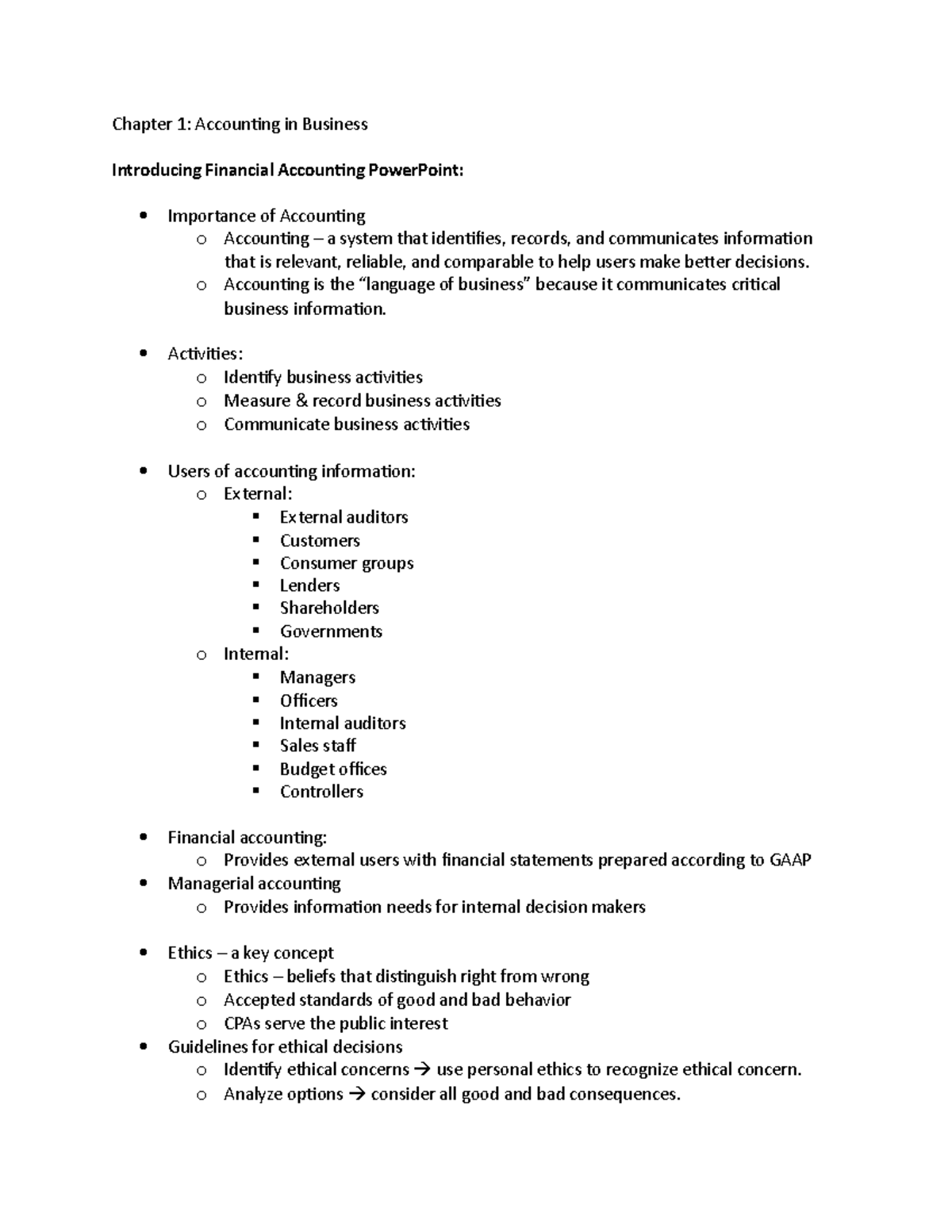 Chapter 1 Notes - Chapter 1: Accounting in Business Introducing ...