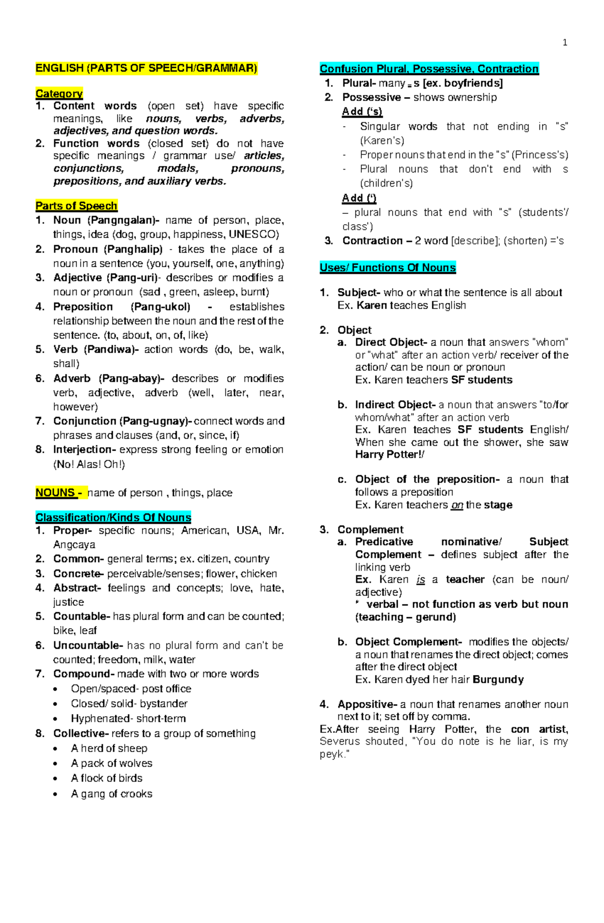 English - Complete - REVIEWER - ENGLISH (PARTS OF SPEECH/GRAMMAR ...