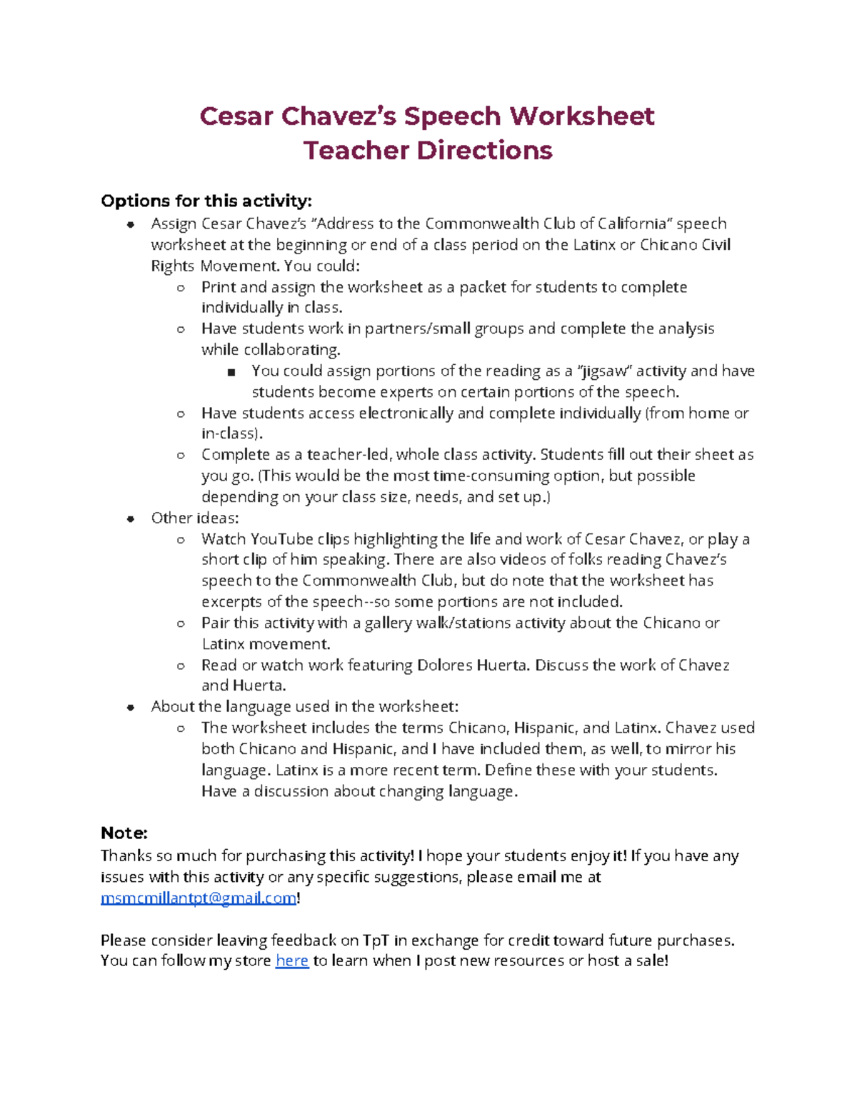 Chavez Teacher Directions - Cesar Chavez’s Speech Worksheet Teacher ...