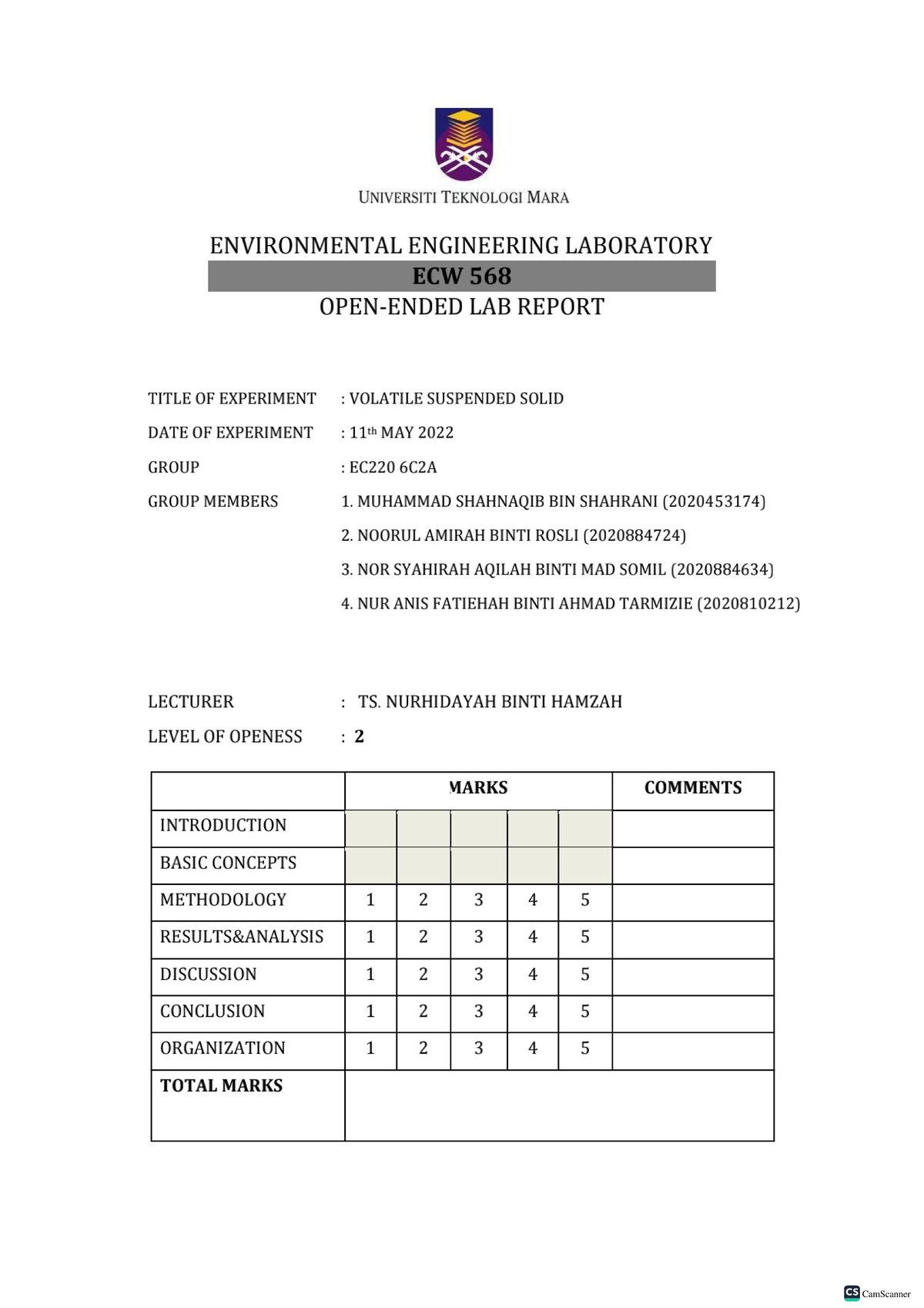 LAB Report Volatile Suspended Solids - Civil Engineering - Studocu