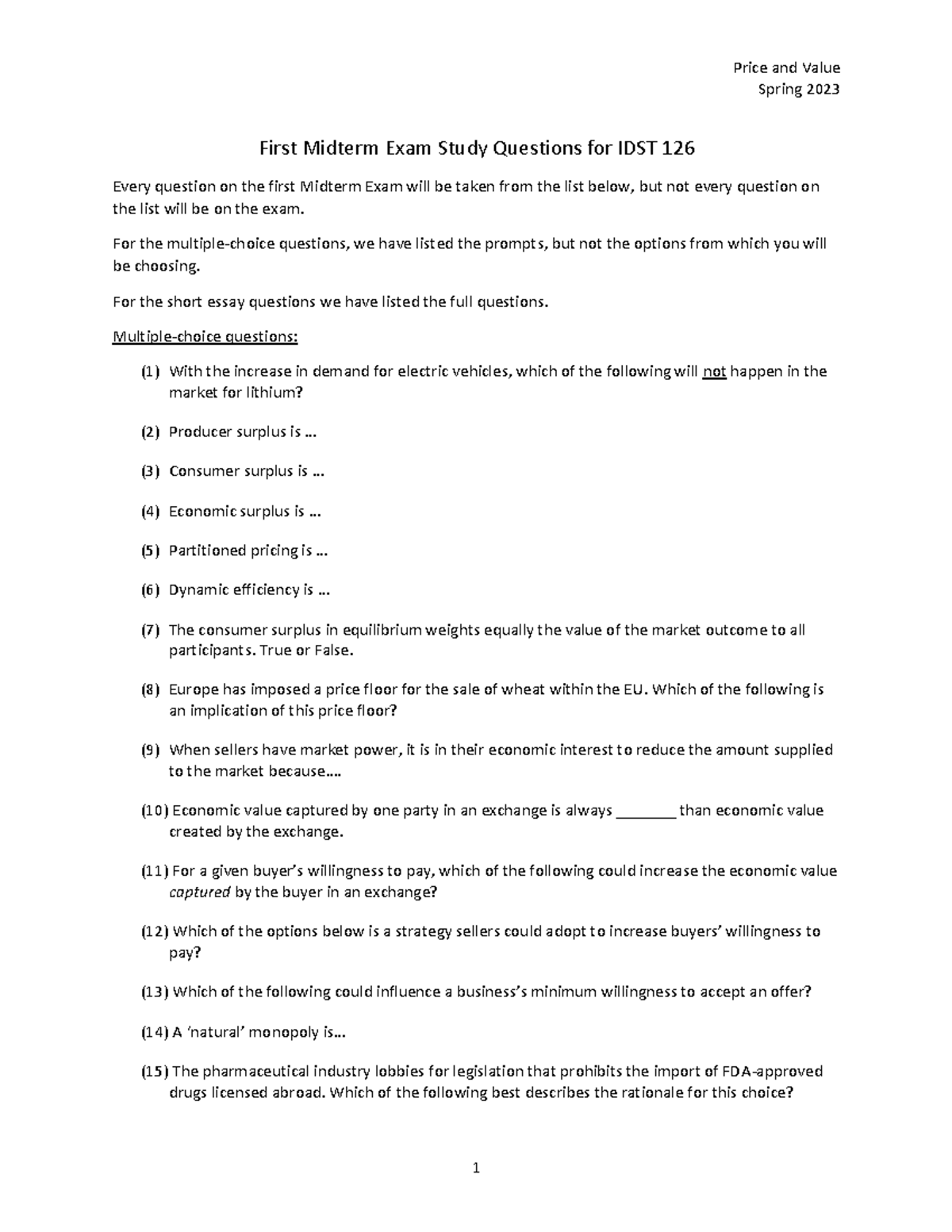 First Midterm Exam Study Questions - For the multiple-choice questions ...