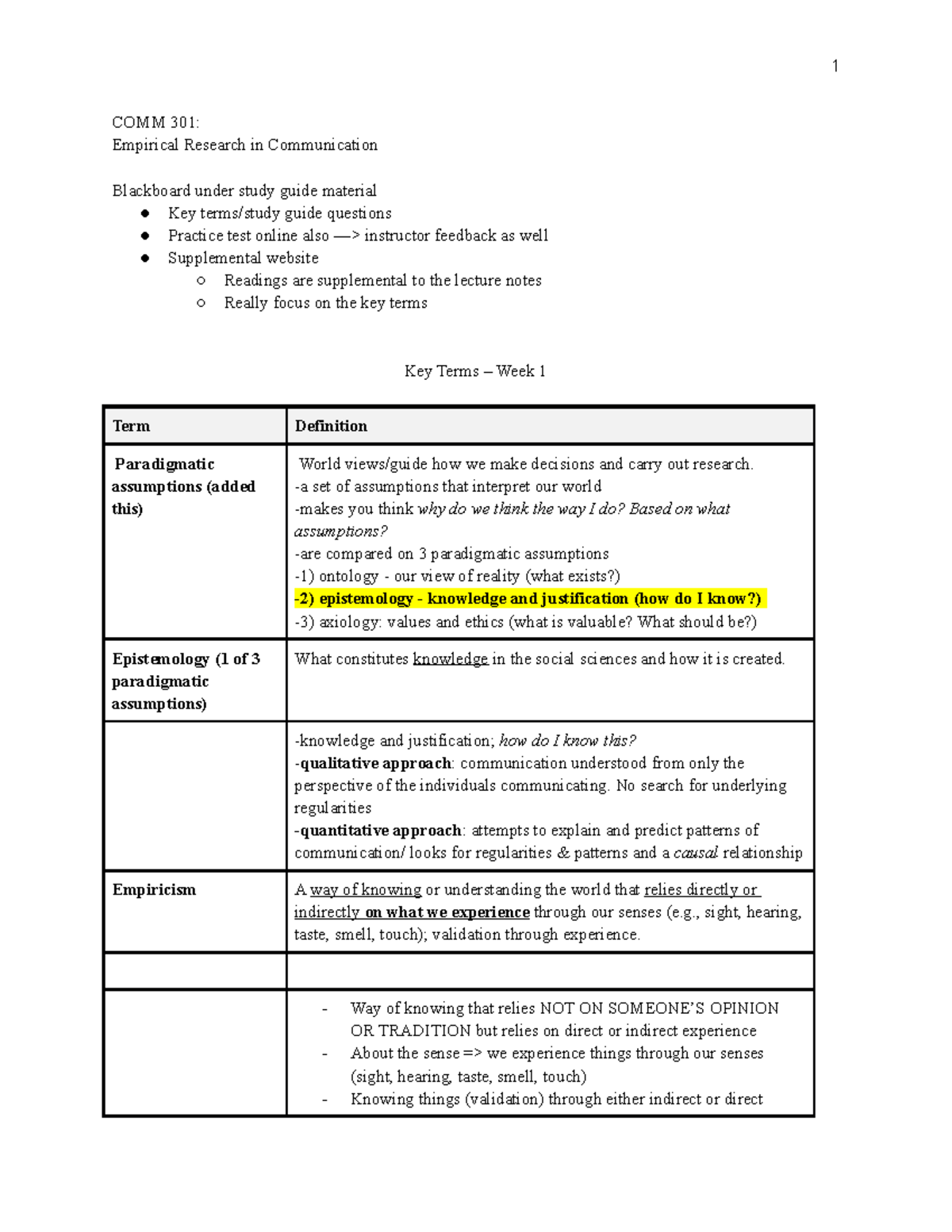 Test 1 Study Guide - COMM 301: Empirical Research in Communication ...