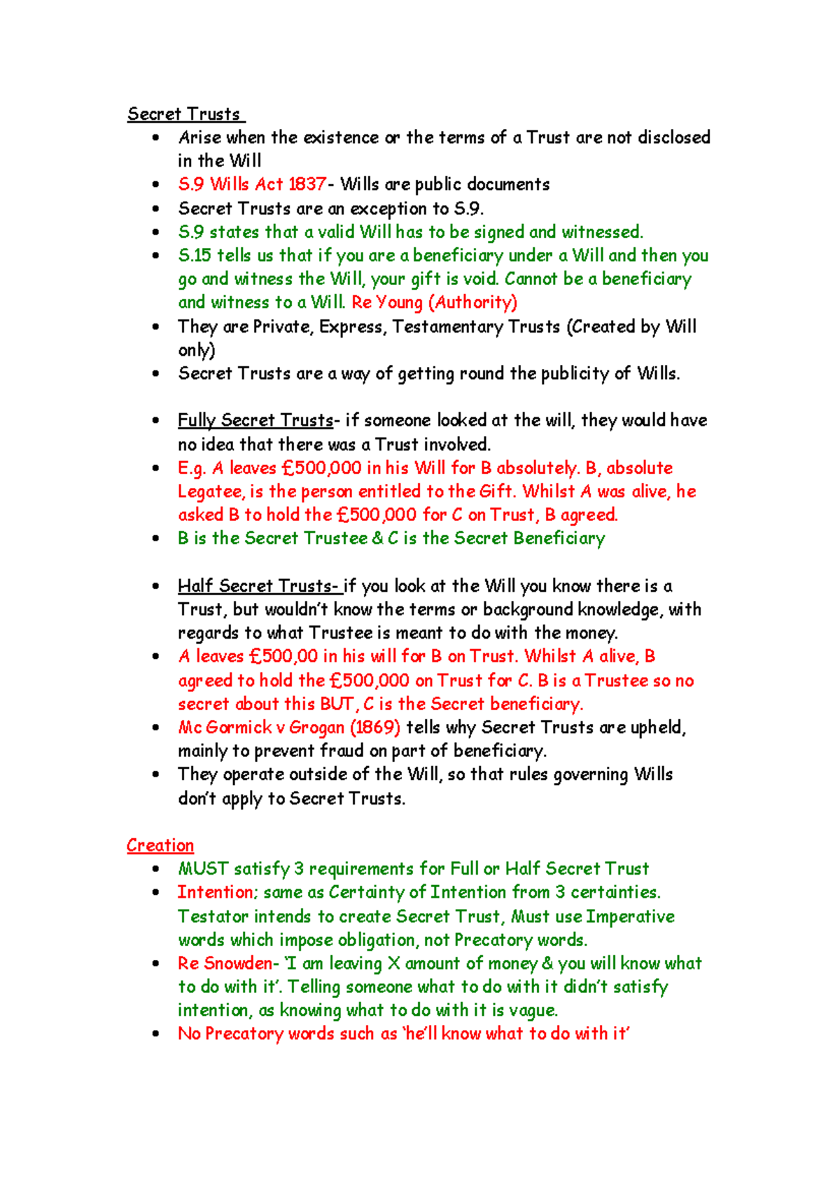 Secret Trusts Exam Notes - Secret Trusts Arise when the existence or ...