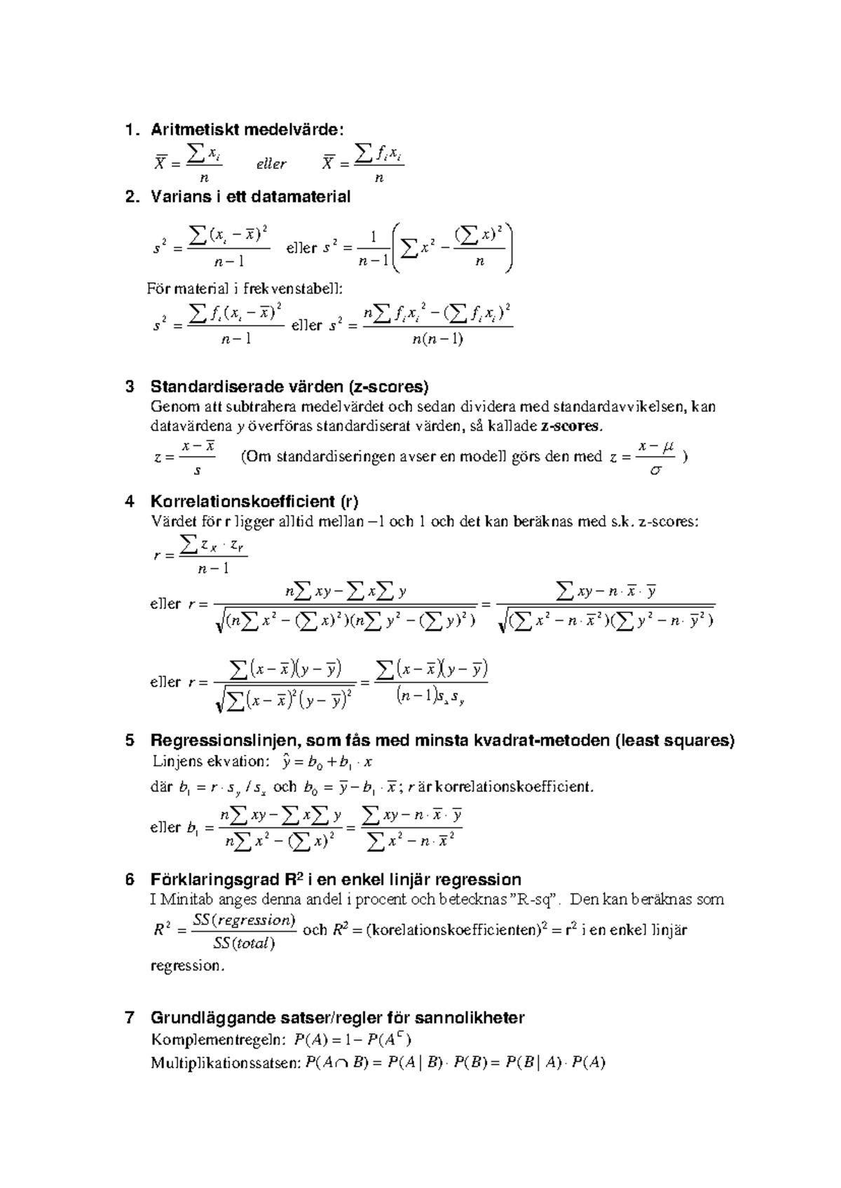 Nya formler - das för ek. del 1 - Aritmetiskt medelvärde: n fx eller X ...