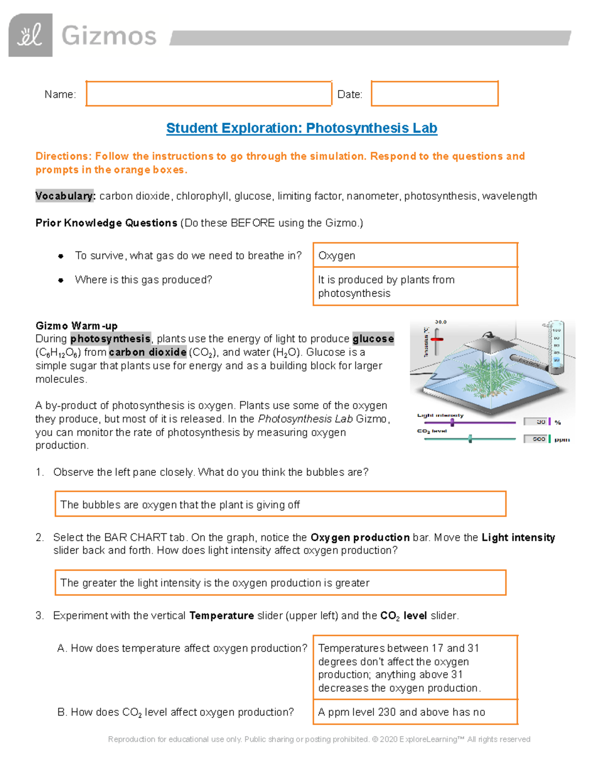 Photosynthesis Lab SE - N/a - Name: Date: Student Exploration ...