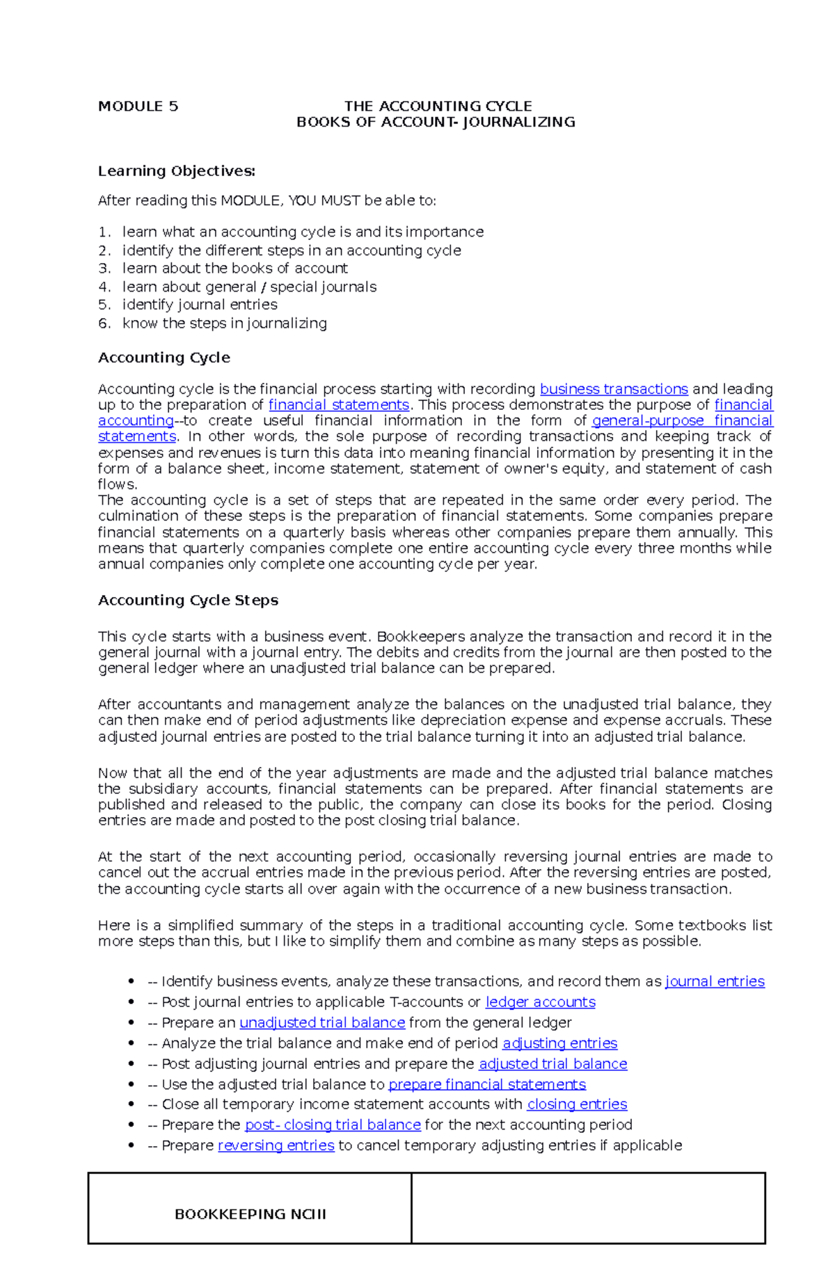 Module #5 in Bookkeeping - MODULE 5 THE ACCOUNTING CYCLE BOOKS OF ...