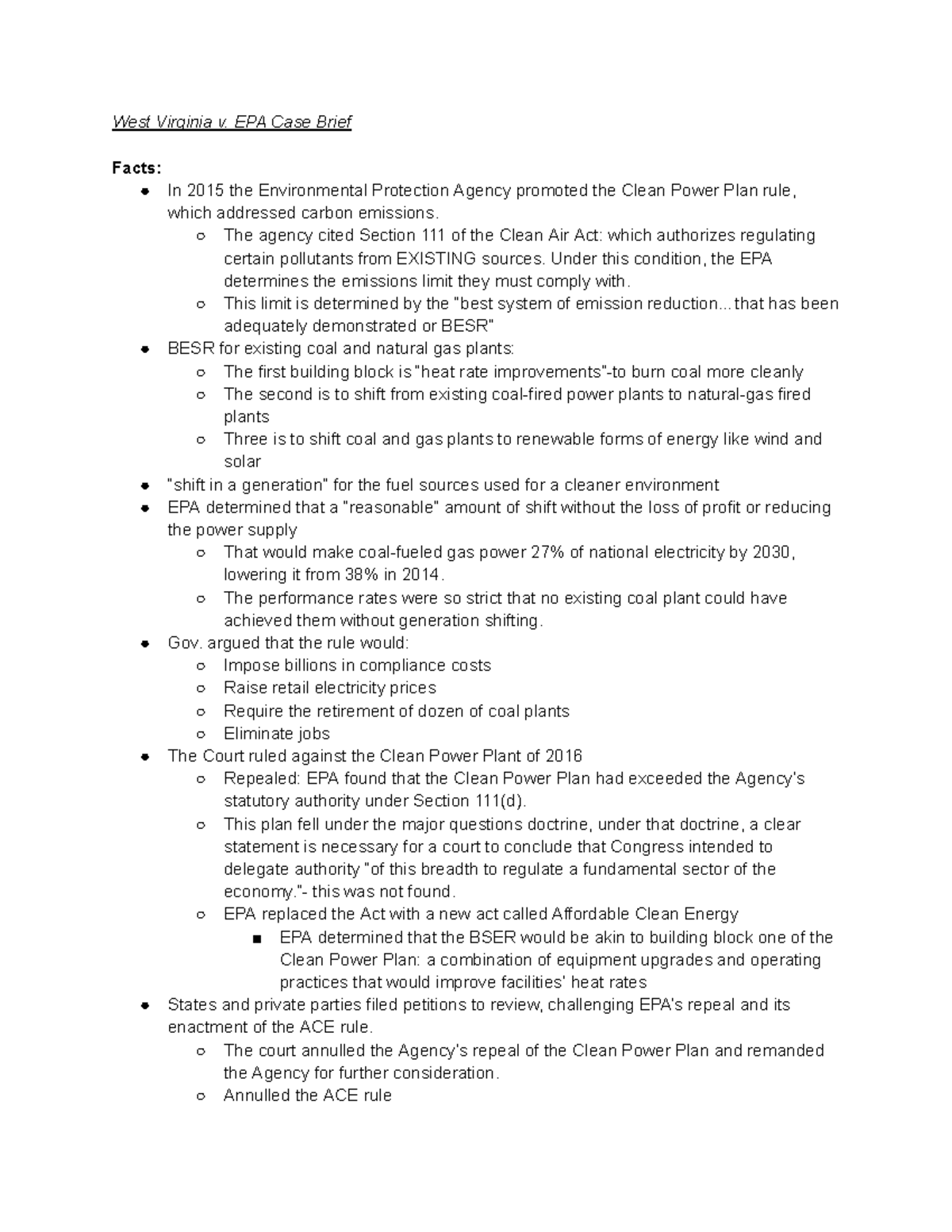 WV v. EPA Brief Case - West Virginia v. EPA Case Brief Facts: In 2015 ...