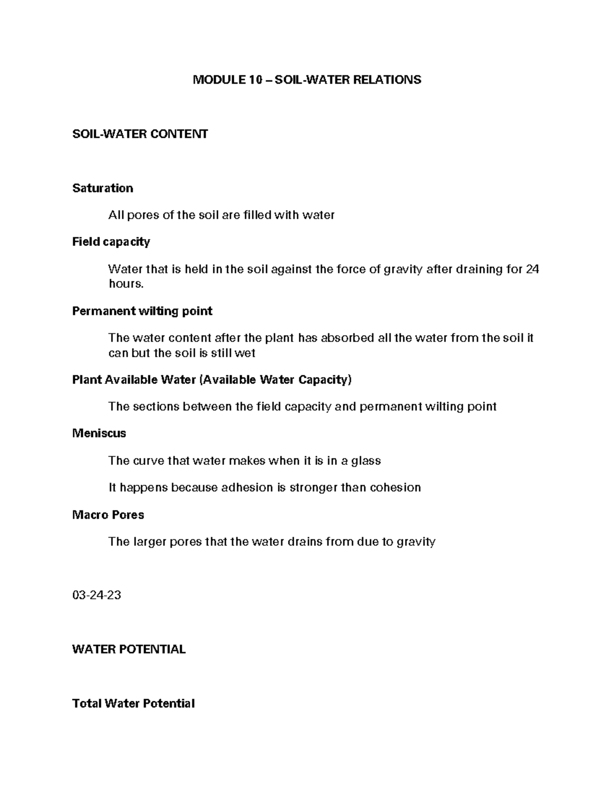 Soils, Water, and the Envoirment Module 10 - MODULE 10 – SOIL-WATER ...