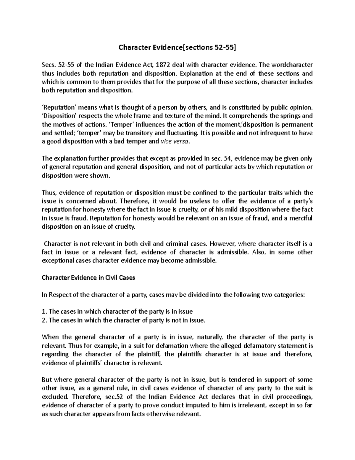 21 Character Evidence - Good notes on law - Character Evidence[sections ...