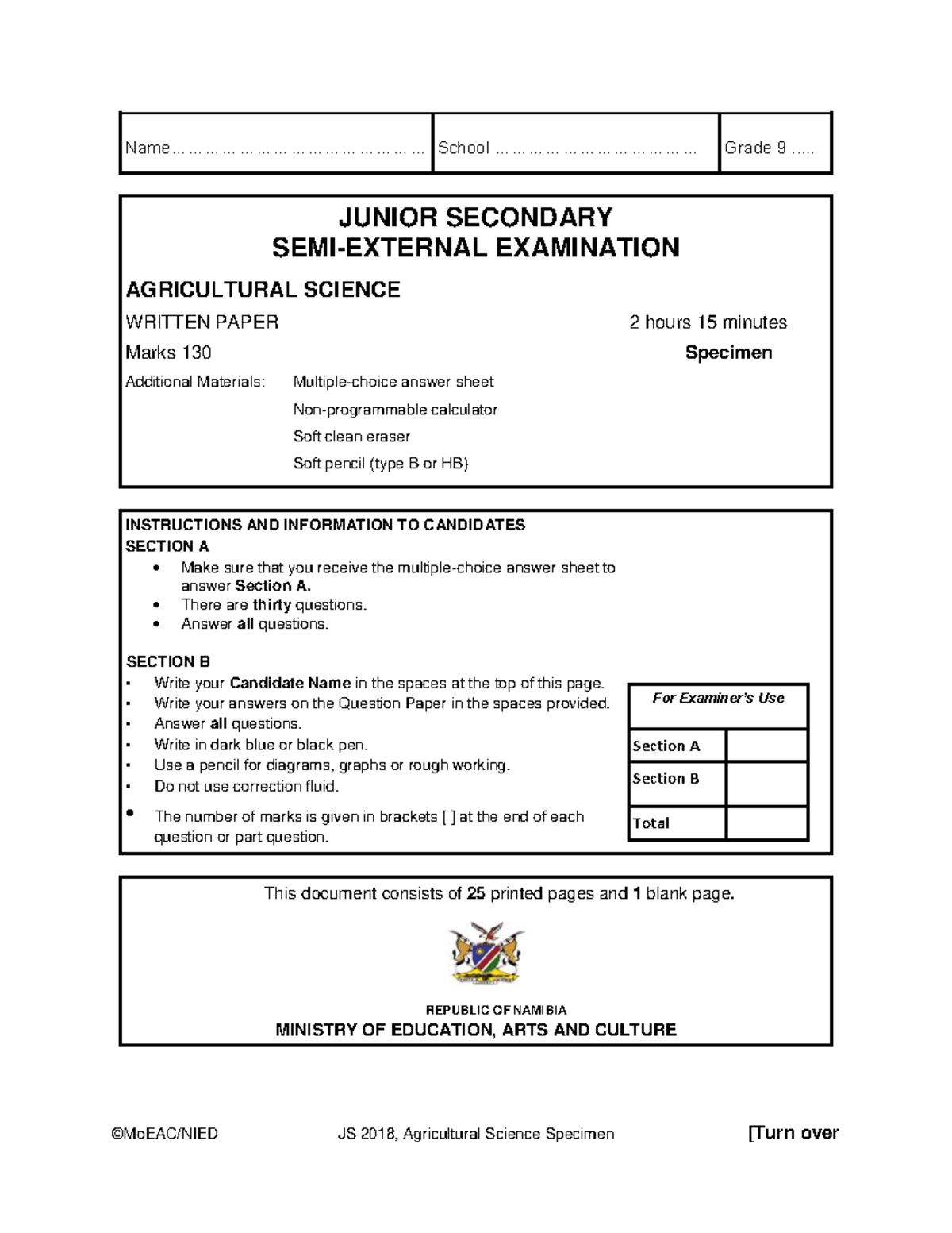 Agricultural Science Specimen paper Grade 9 - ©MoEAC/NIED JS 2018 ...
