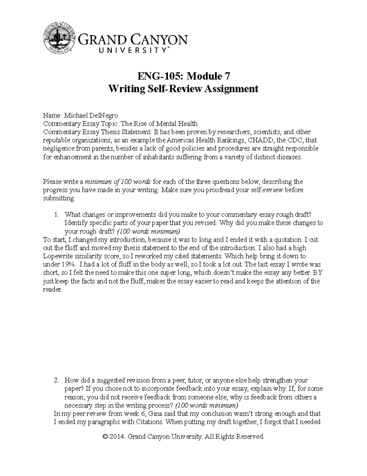 7ENG105 Self Review Assignment Topic 6 - ENG-105: Module 7 Writing Self ...