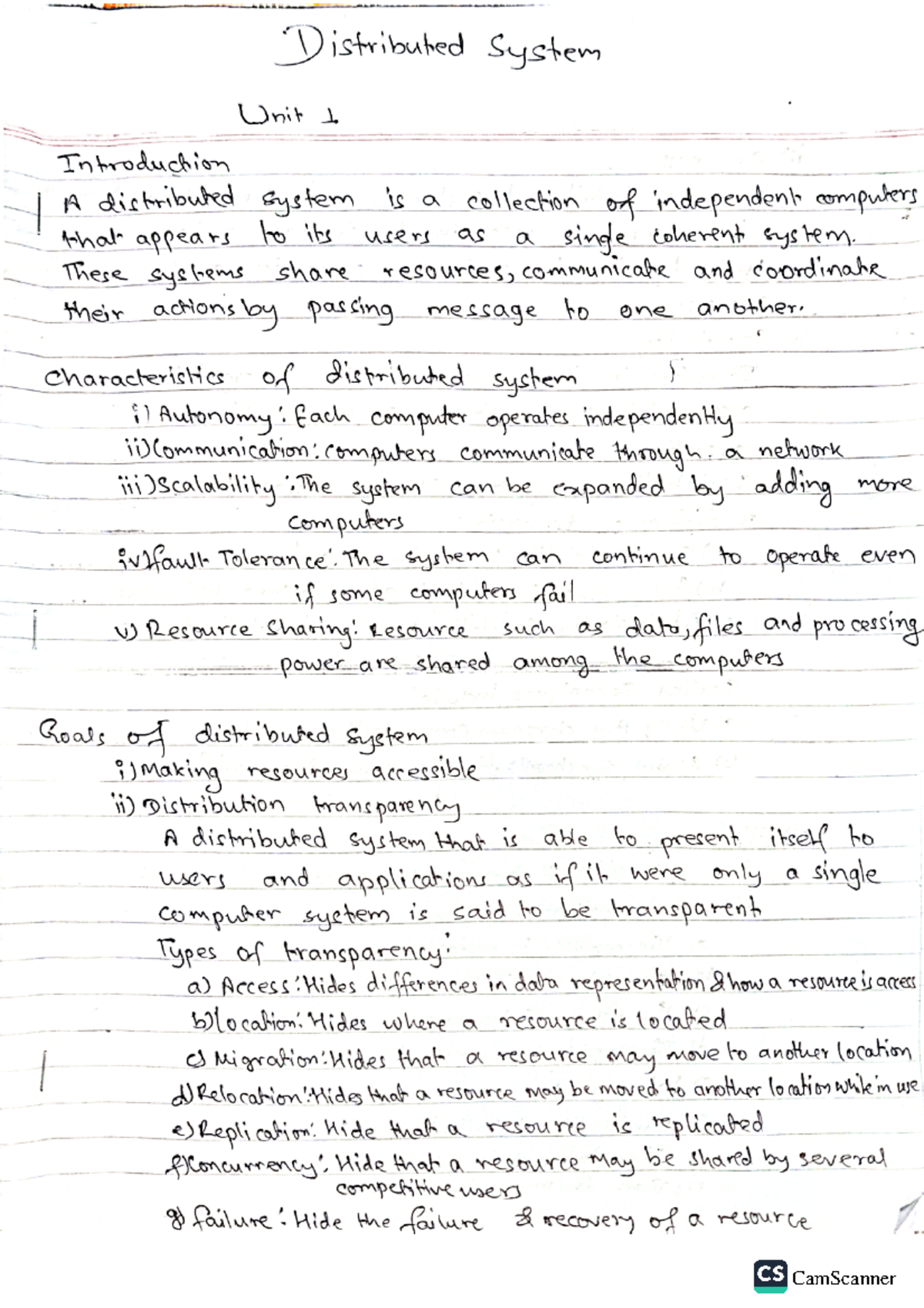 Distributed System handwriten - Distributed System Unit 1 Introduction A distributed system is a ...