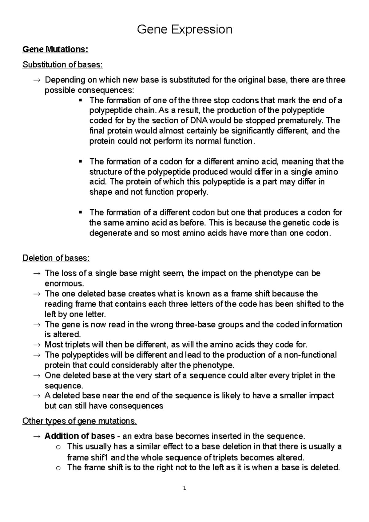 Gene Expression Notes I - Gene Mutations: Substitution of bases ...