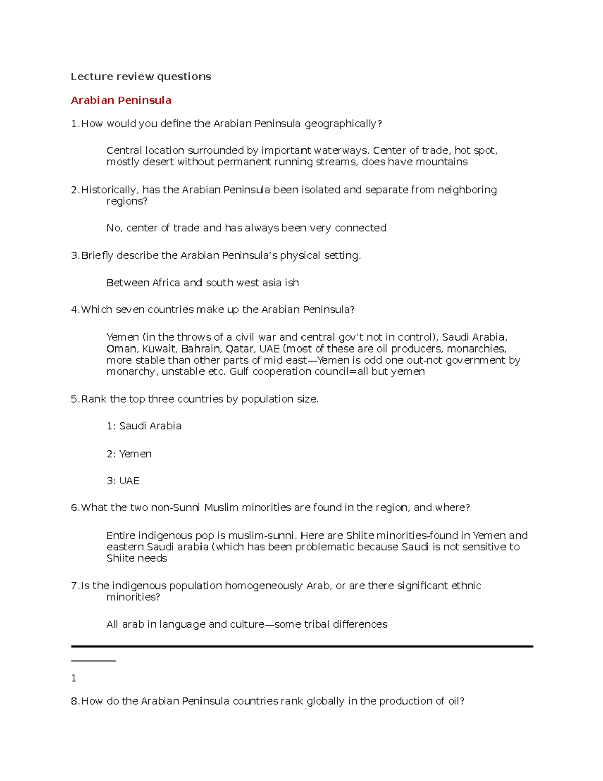 Arabian Peninsula lecture review questions - Lecture review questions ...