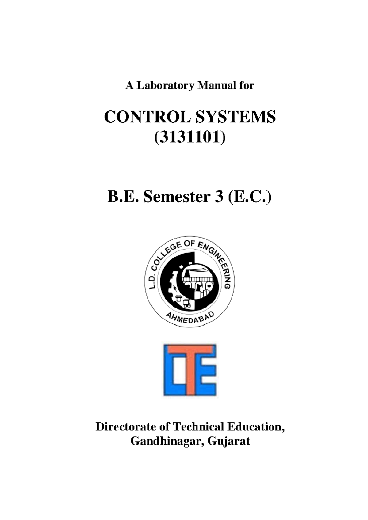 CS Lab Manual - A Laboratory Manual for CONTROL SYSTEMS (3131101) B ...