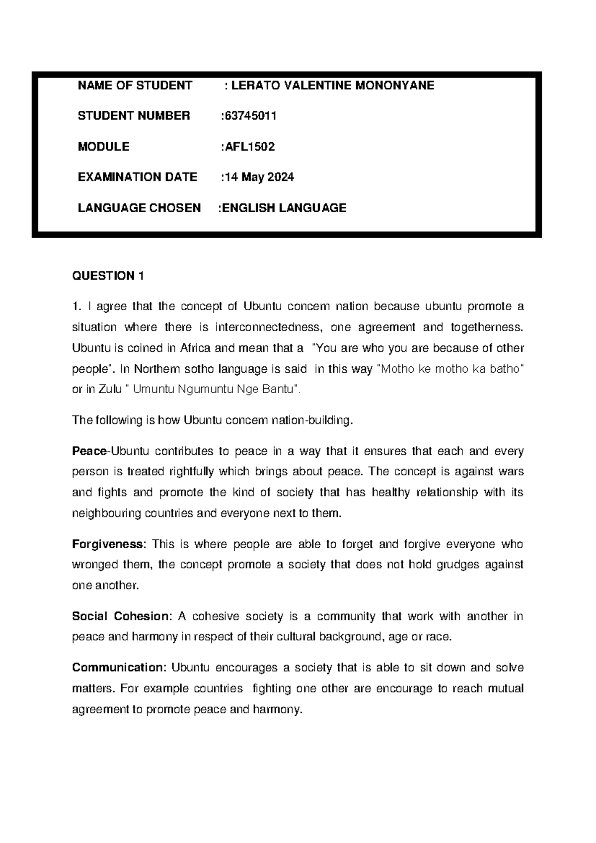 AFL1502 63745011 - NAME OF STUDENT : LERATO VALENTINE MONONYANE STUDENT NUMBER : MODULE :AFL ...