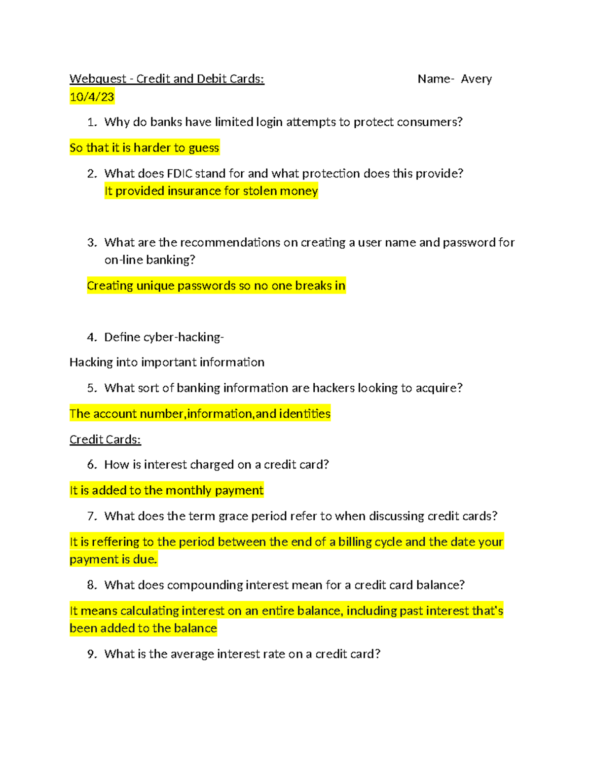 Gib - uh2eguahe - Webquest - Credit and Debit Cards: Name- Avery 10/4 ...