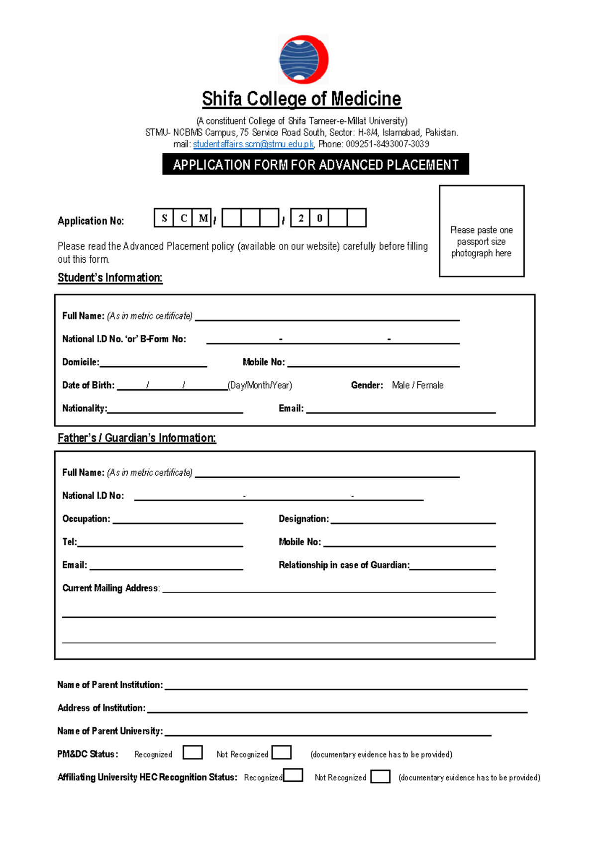 Advanced Placement Form 2023 - Shifa College of Medicine (A constituent ...