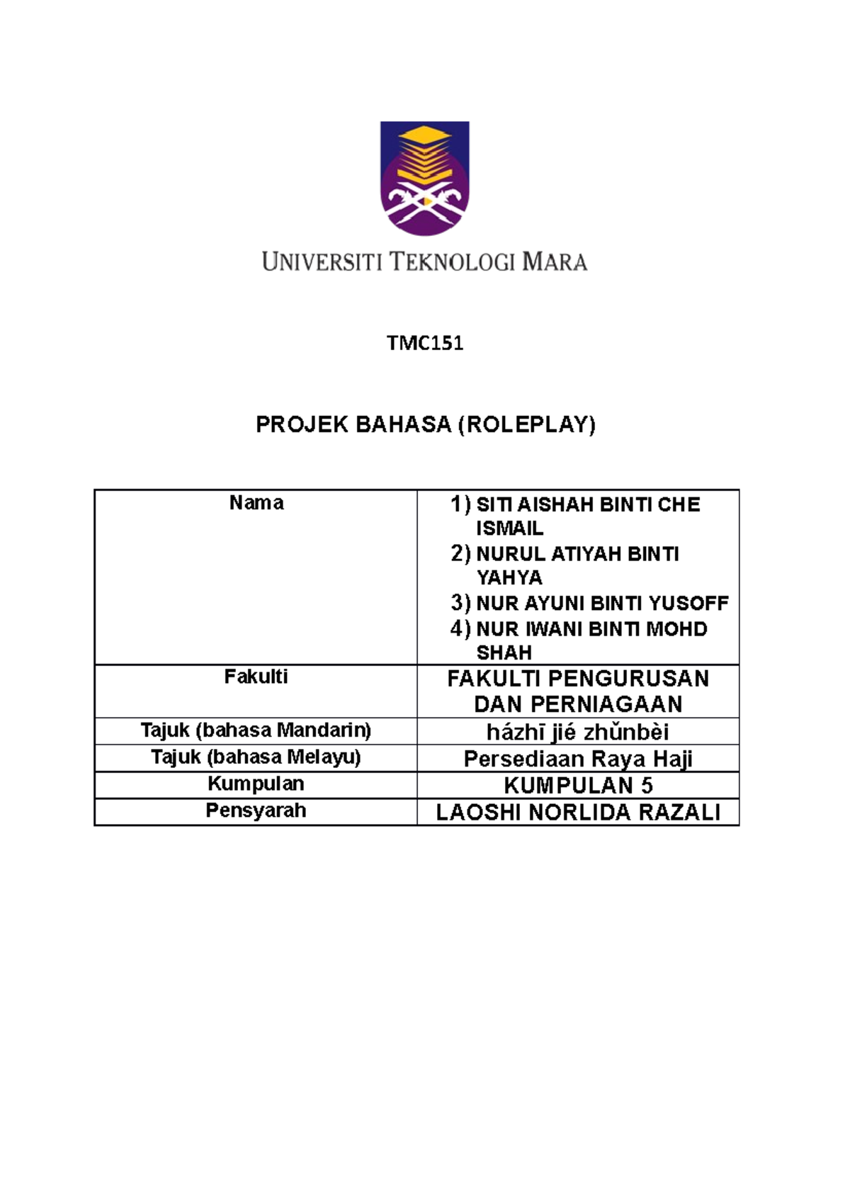 ROLE-PLAY Script - TMC - TMC PROJEK BAHASA (ROLEPLAY) Nama 1) SITI ...