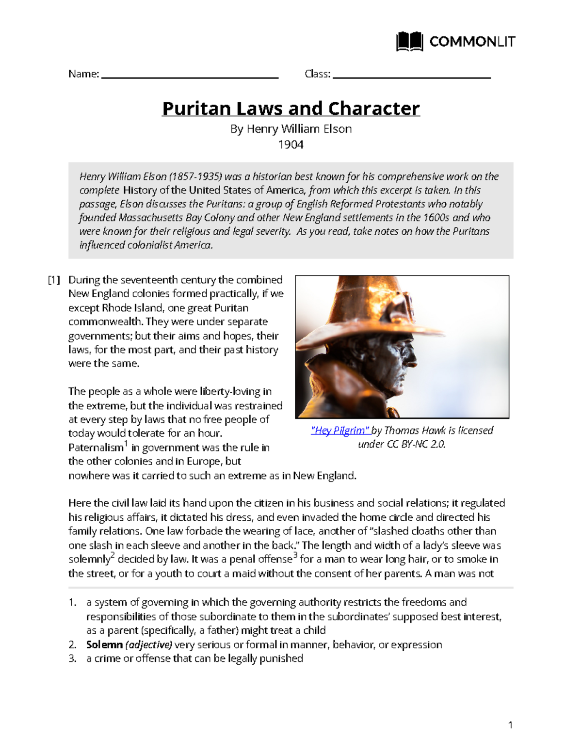 Common Lit+ +Puritan+Laws+and+Character - Name: Class: "Hey Pilgrim" by ...