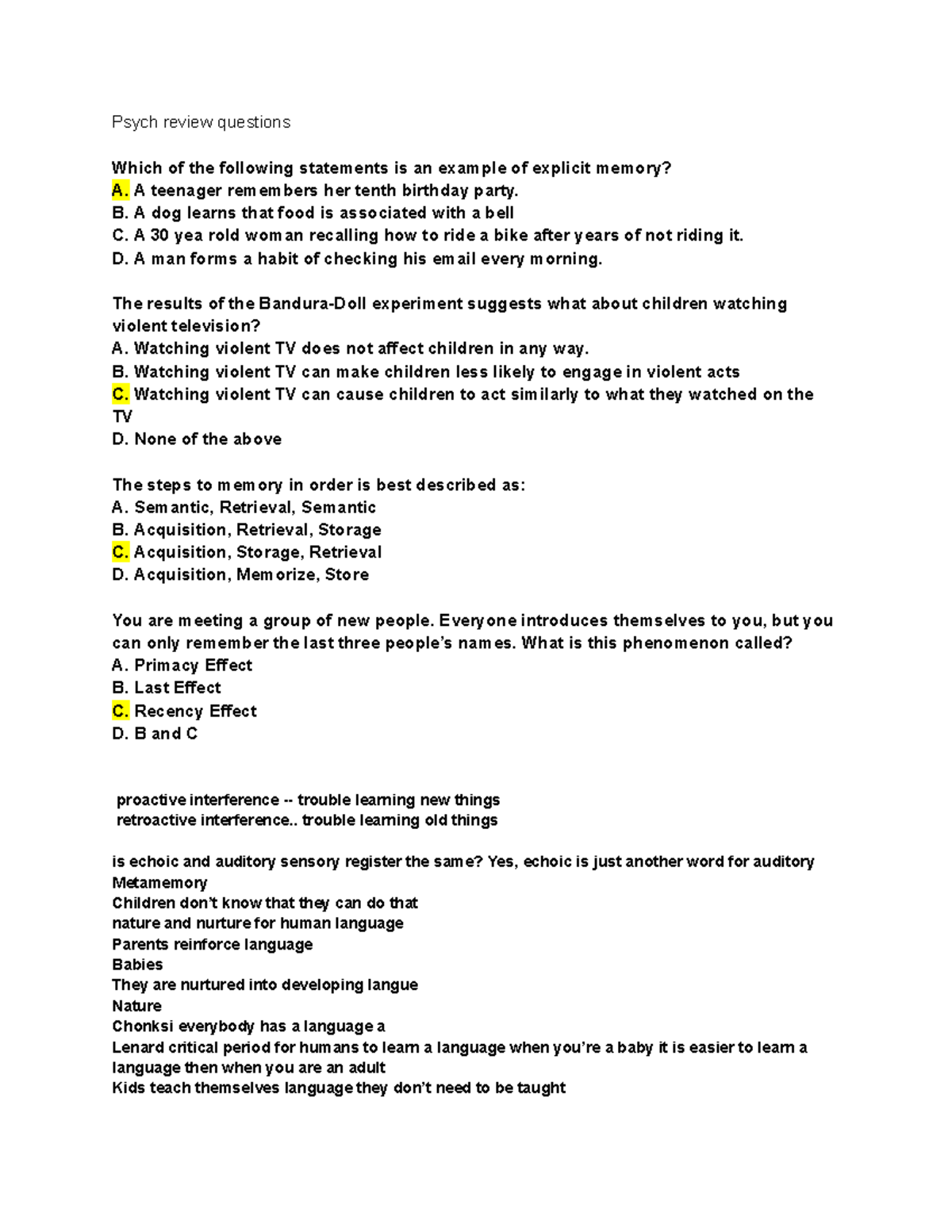 Psych review questions - Psych review questions Which of the following ...