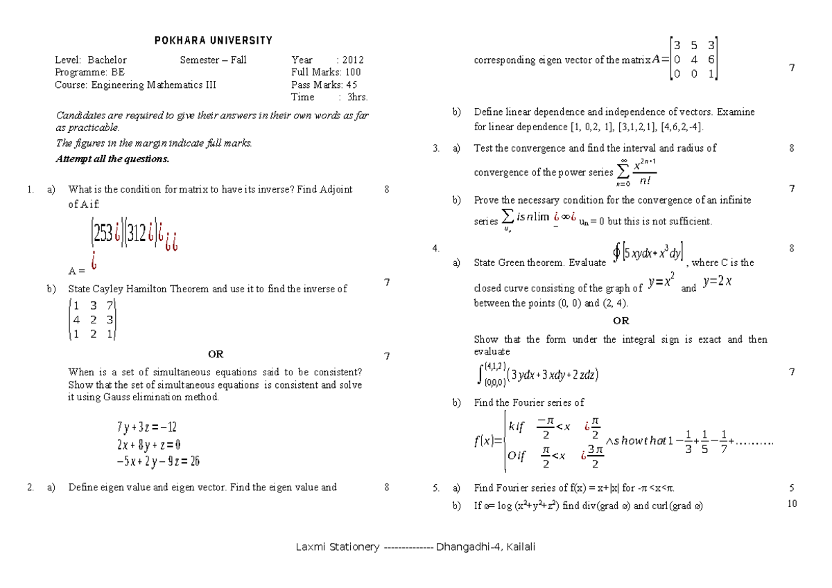 Engineering Mathematics III fall 2012 - POKHARA UNIVERSITY Level ...