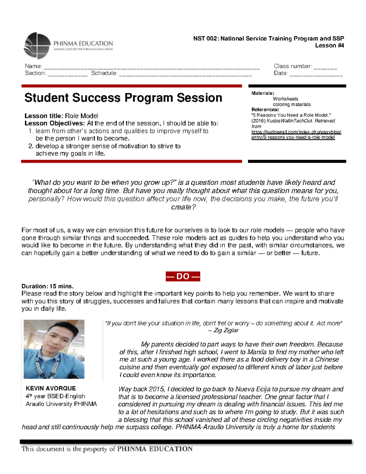 Copy of SAS 4 NST 002 Role Model AU 1 - Lesson # 4 Name: - Studocu