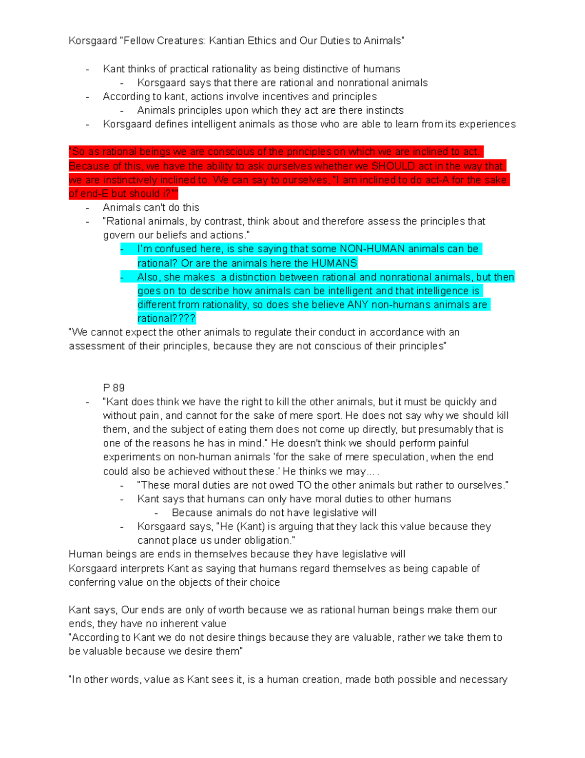 Notes for essay - Korsgaard “Fellow Creatures: Kantian Ethics and Our ...