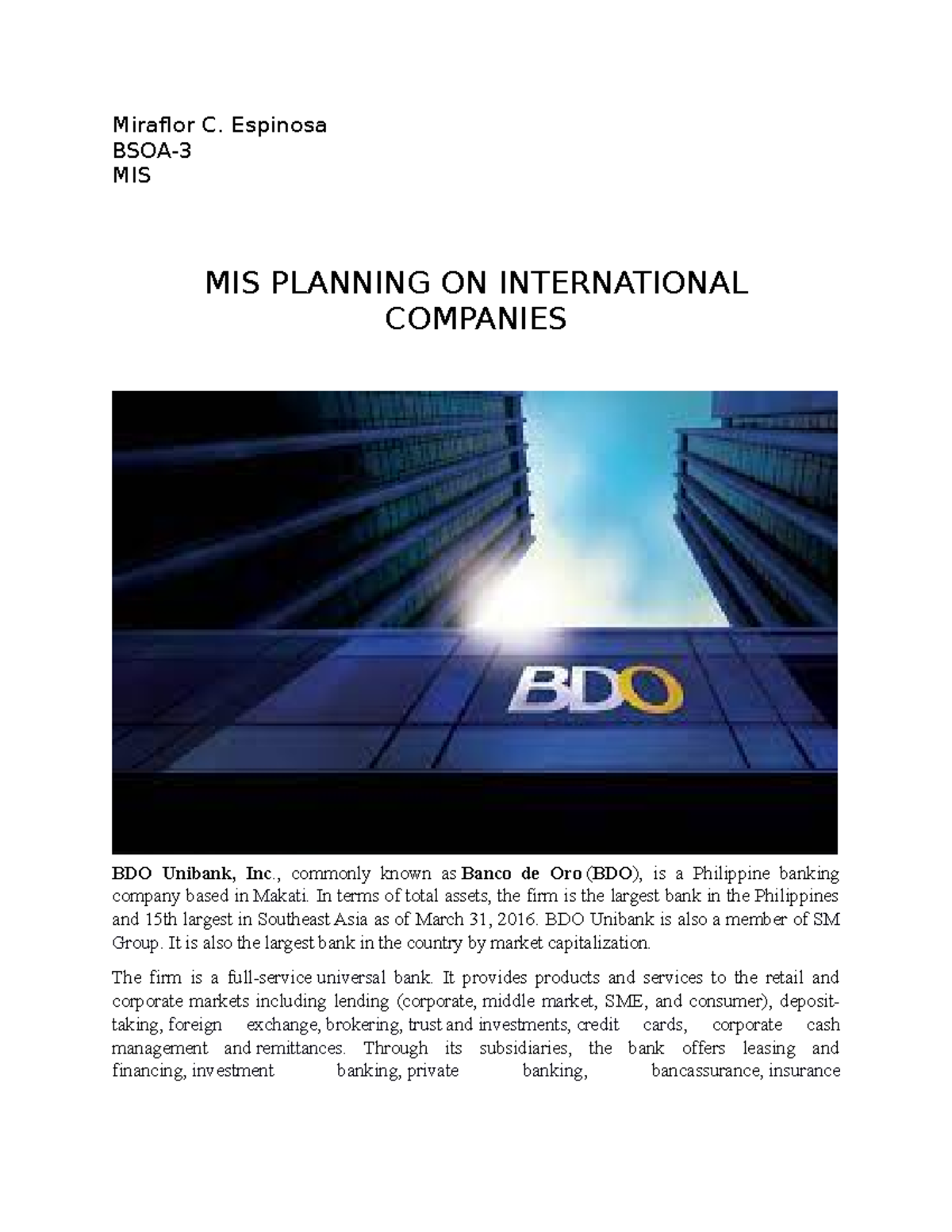 MIS Planning ON International Companies - Miraflor C. Espinosa BSOA- MIS MIS PLANNING ON - Studocu