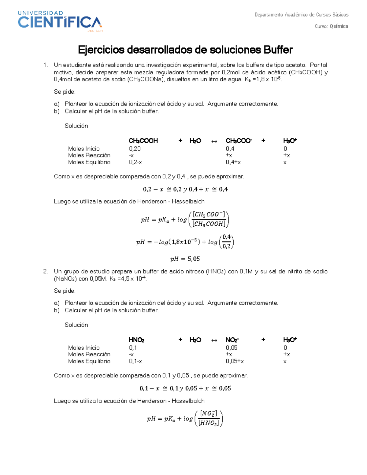 Ejercicios desarrollados de soluciones Buffer Química 2024 1 - Departamento Académico de Cursos ...