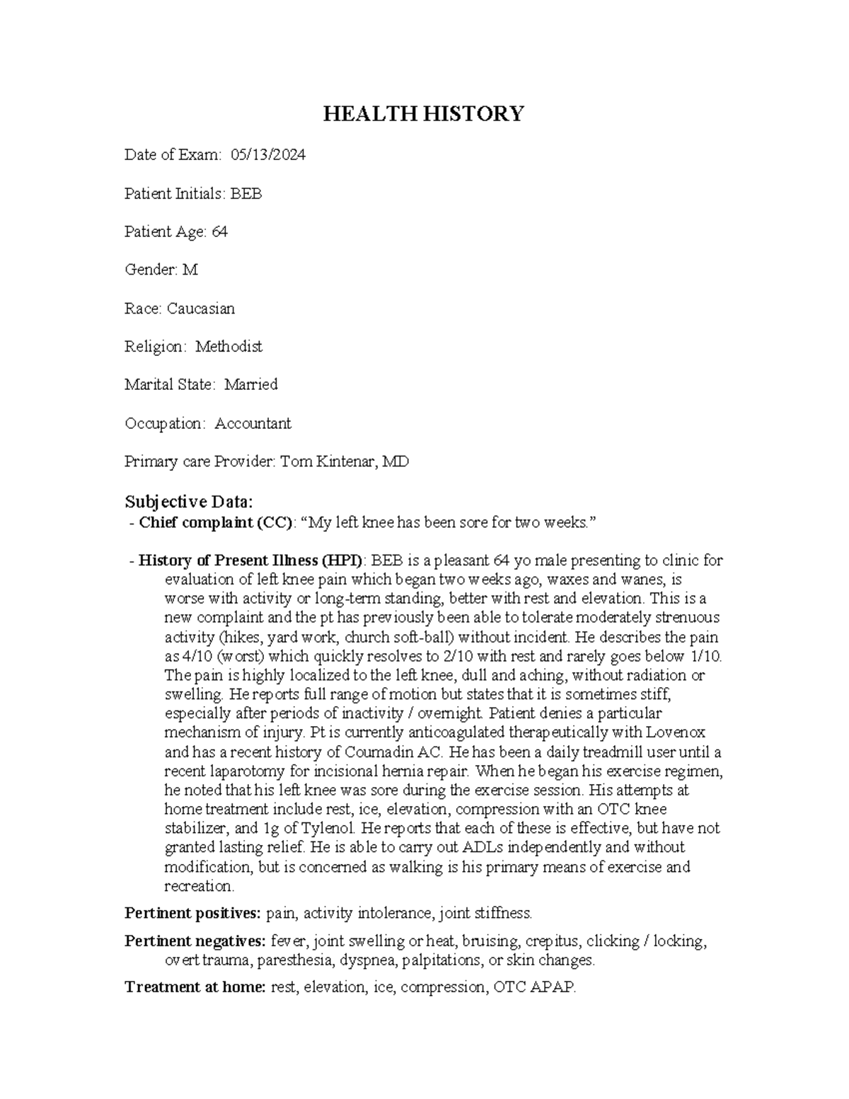 Full HPI Write Up - HEALTH HISTORY Date of Exam: 05/13/ Patient ...