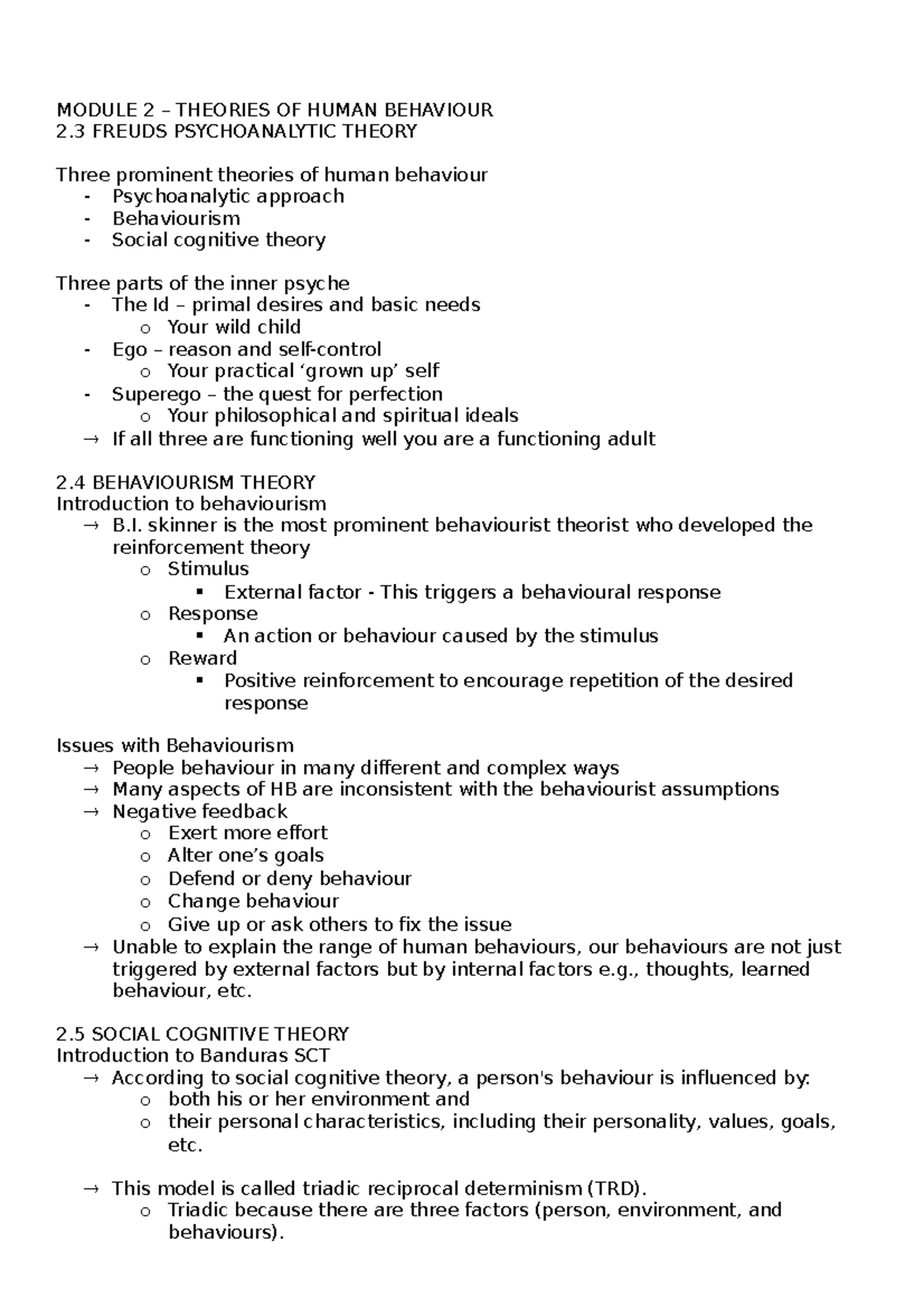 BUS2000 - notes - MODULE 2 – THEORIES OF HUMAN BEHAVIOUR 2 FREUDS ...