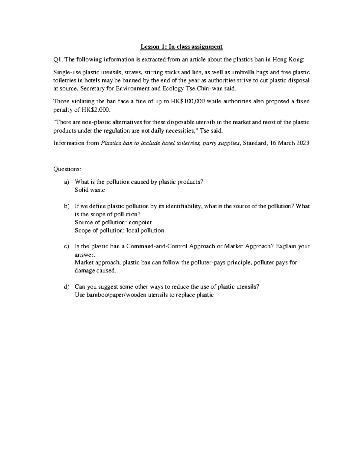 week 1 in class assignment - Lesson 1: In-class assignment Q1. The ...