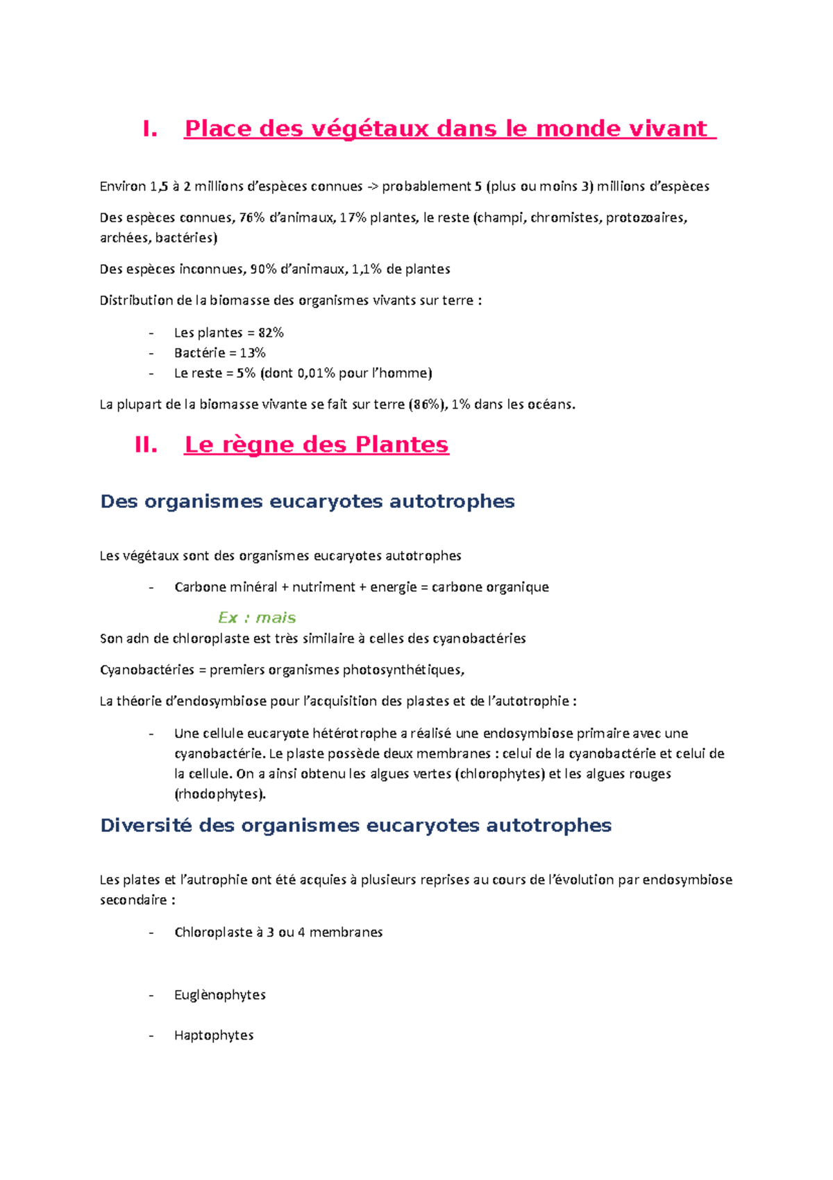 Place des végétaux dans le monde vivant - I. Place des végétaux dans le ...