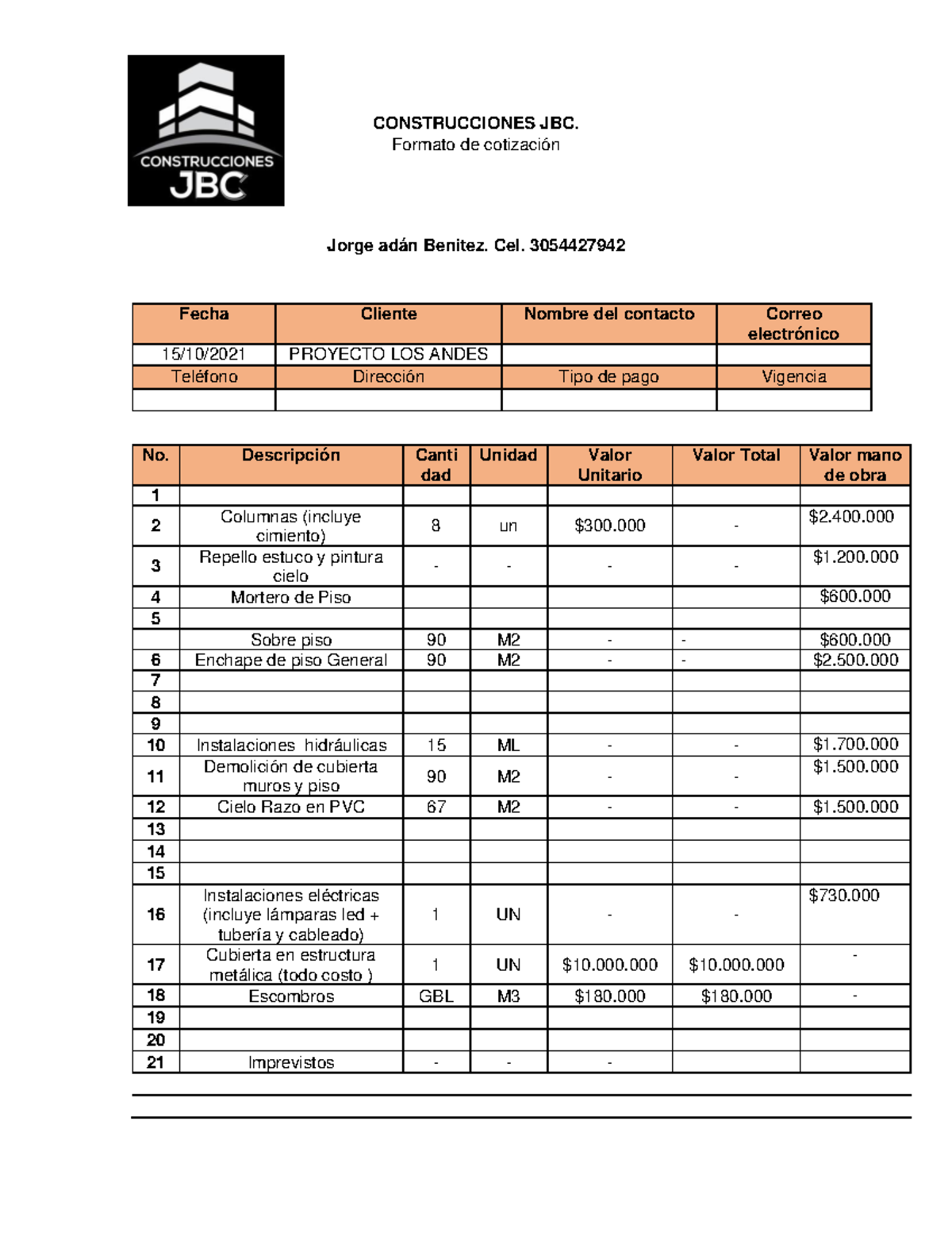 Cotizacion-LOS Andes 2 - CONSTRUCCIONES JBC. Formato de cotización ...