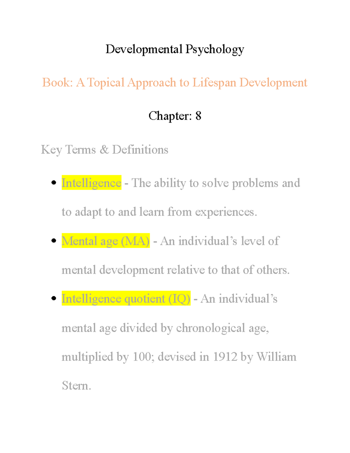 Developmental Psychology Chapter 8 Key Terms and Definitions ...
