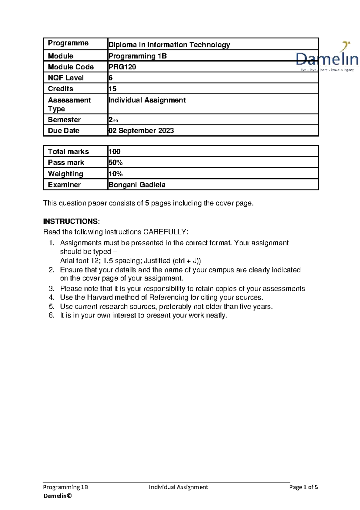 PRG120 1B DIP IT Assignment 02 2023 - Programme Diploma in Information Technology Module ...
