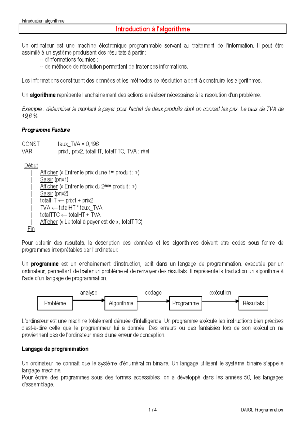 Informatique 2 Algorithmique - Un ordinateur est une machine électronique - Studocu