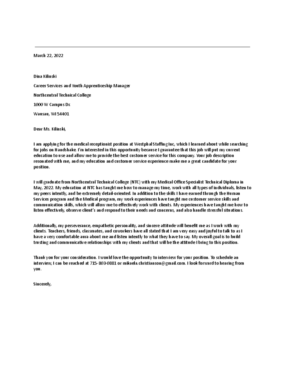 Official Cover Letter - March 22, 2022 Dina Kilinski Career Services ...