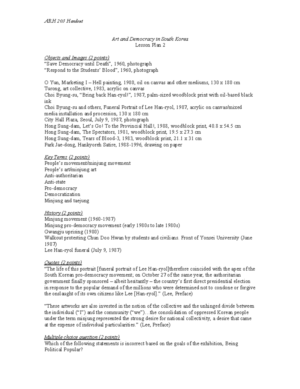 Handout Lesson Plan 2 Art and Democracy in South Korea - ARH 203 ...