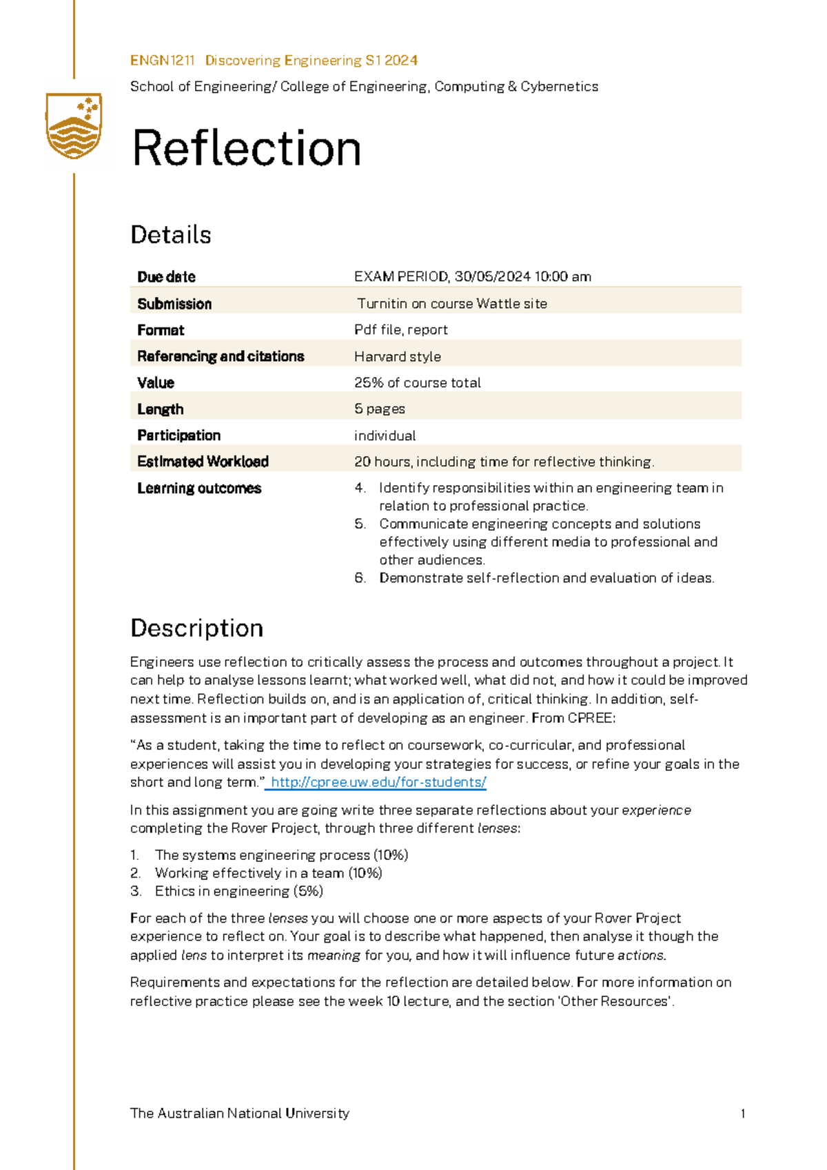ENGN1211 Reflection 2024 - ENGN 1211 Discovering Engineering S 1 2024 ...