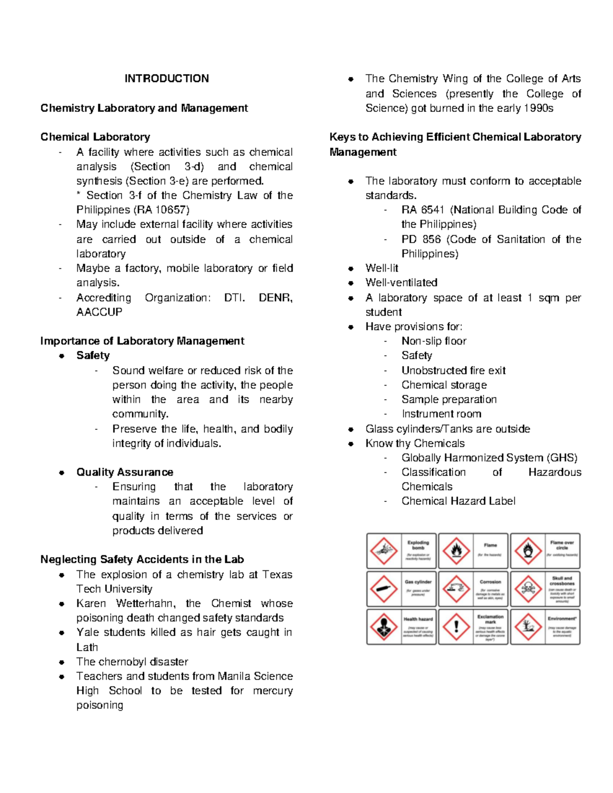 Chemistry Laboratory and Management - INTRODUCTION Chemistry Laboratory ...